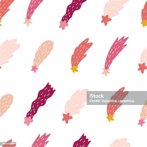 슈팅 스타 이음새가 없는 패턴 떨어지는 별 보육원 어린이 귀여운 만화 혜성 꼬리 무지개 색상 아기 보육 요소 벡터는 흰색 배경에 고립 된 일러스트레이션을 설정합니다 유니콘에