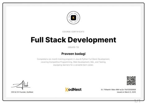 Successfully Completed Java Full Stack Development Training At Kodnest Praveen Badagi