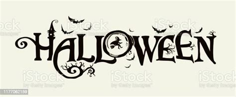 벡터 로고와 할로윈 수평 배너입니다 보름달의 배경에 불길한 나뭇 가지 박쥐와 예쁜 마녀와 비문 할로윈에 대한 스톡 벡터 아트 및