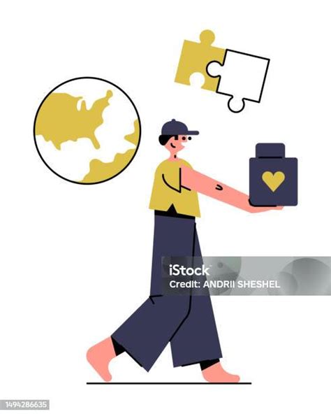 남성은 상자를 들고 전 세계 사람들을 돕습니다 기부와 자선을 하는 남자 감사에 대한 스톡 벡터 아트 및 기타 이미지 감사 개발 공동체 Istock