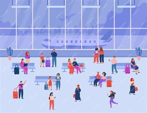 공항에서 비행기를 기다리는 승객 무료 벡터