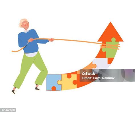 금발 남자 사무실 직원이 화살을 끌어 올리며 직소 퍼즐 벡터 일러스트 레이 션을 조립 경영자에 대한 스톡 벡터 아트 및 기타