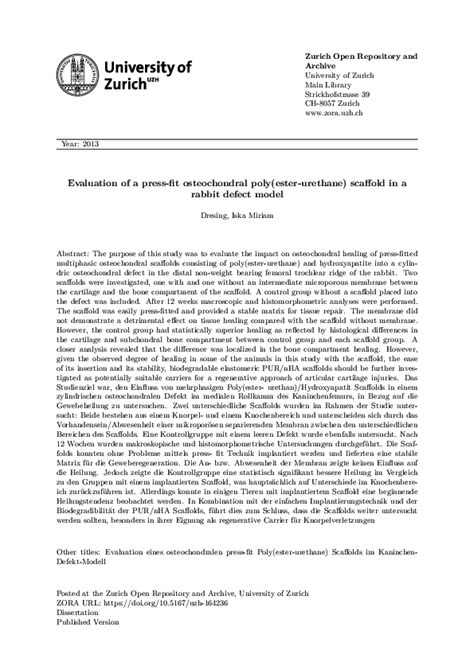 Pdf Evaluation Of A Press Fit Osteochondral Poly Ester Urethane Scaffold In A Rabbit Defect Model