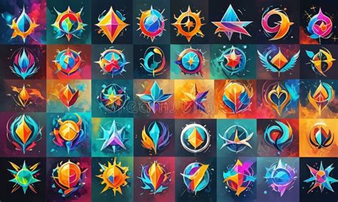 Grid 24 Vibrant Abstract Icons In Various Shapes And Colors Including