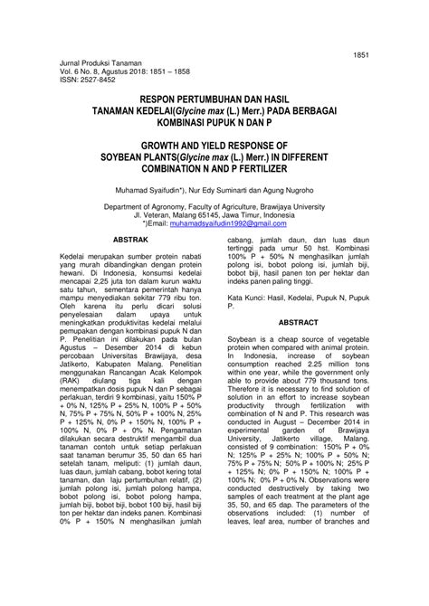 Pdf Growth And Yield Response Of Soybean Plants Glycine Max L Merr In Different