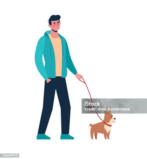 작은 개와 함께 걷는 남자 캐주얼 한 옷을 입은 남성이 강아지를 끈으로 들고 있었다 신선한 공기를 마시며 활발한 산책을 합니다 평면 스타일의 벡터 흰색 배경에 고립 된 만화