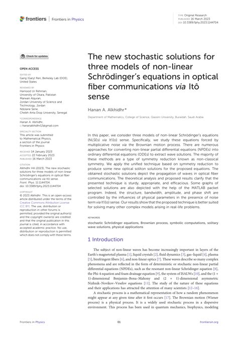 Pdf The New Stochastic Solutions For Three Models Of Non Linear