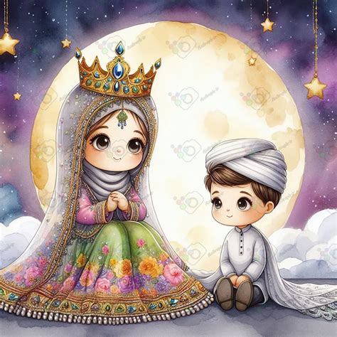 بک گراند کودکانه ماه و دختر ناز تاجدار با لباس بلند زیبا و پسر کوچولو نشسته روی ابرها کد 41212
