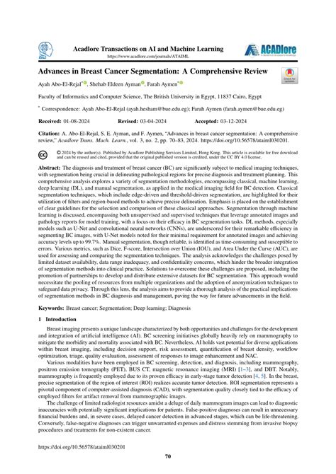 Pdf Advances In Breast Cancer Segmentation A Comprehensive Review