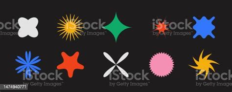 추상 별과 꽃 모양 컬렉션입니다 스위스 또는 바우 하우스 스타일의 원시 기하학적 형태 잔인한 요소는 포스터 배너 콜라주를 위해