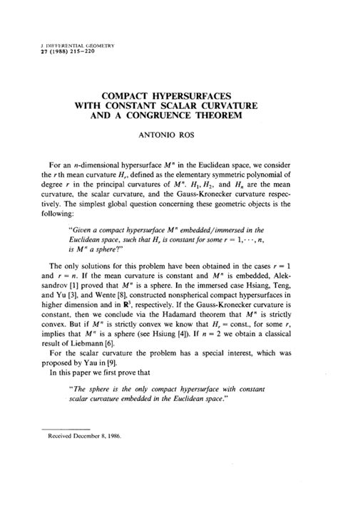 Pdf Compact Hypersurfaces With Constant Scalar Curvature And A Congruence Theorem