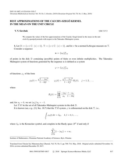 Pdf Best Approximations Of The Cauchyszegö Kernel In The Mean On The Unit Circle