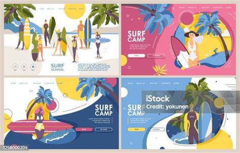 서핑 캠프 또는 서핑 학교 배너 또는 선명한 색상으로 방문 페이지 템플릿 서핑 보드 야자수 및 바다 파도가있는 플랫 만화 서퍼 젊은 캐릭터 서핑 수상 스포츠에 대한 스톡