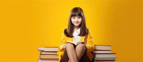 Premium Ai Image Chinese Schoolgirl Sitting Posing On Yellow