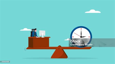 일과 삶의 균형 유연한 근무 시간 시간 관리 시소와 시계 균형 개념 벡터 일러스트 레이 션으로 책상에서 일하는 사업가 건강한 생활방식에 대한 스톡 벡터 아트 및 기타 이미지