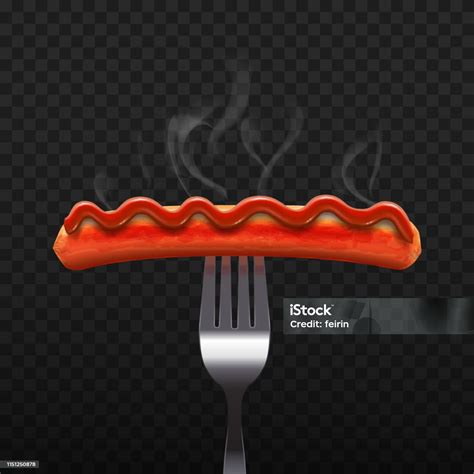 현실적인 스타일의 포크에 케첩을 가진 고립 된 뜨거운 소시지 3차원 형태에 대한 스톡 벡터 아트 및 기타 이미지 3차원 형태 건강한 식생활 고기 Istock