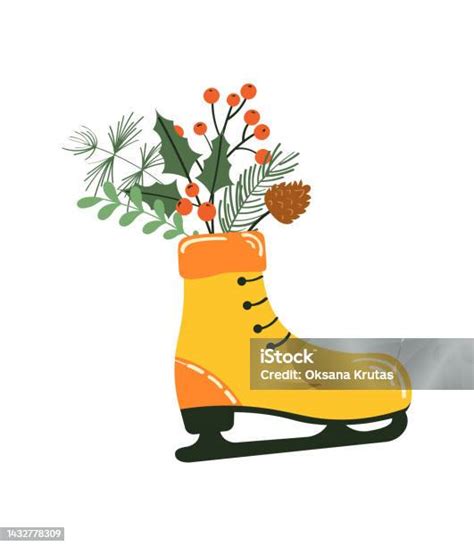 전나무 딸기 및 홀리와 함께 크리스마스 스케이트 귀여운 벡터 일러스트 레이 션 겨울에 대한 스톡 벡터 아트 및 기타 이미지 겨울 겨울 스포츠 경쟁 Istock
