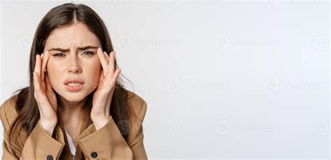 Close Up Portrait Of Business Woman Squinting And Looking Without Glasses Cant See Bad Sight