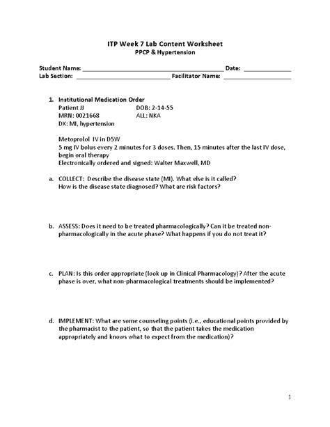 Ppcp And Hypertention Lab Content Worksheet Itp Wk 7 2022 Itp Week 7 Lab Content Worksheet