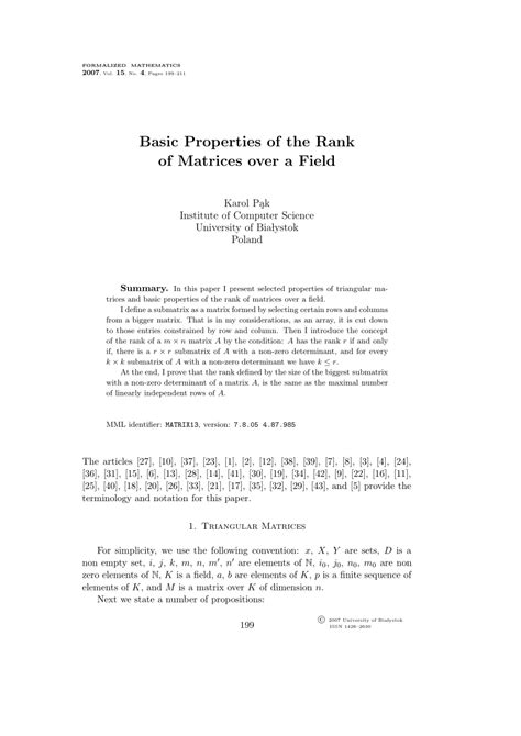 Pdf Basic Properties Of The Rank Of Matrices Over A Field