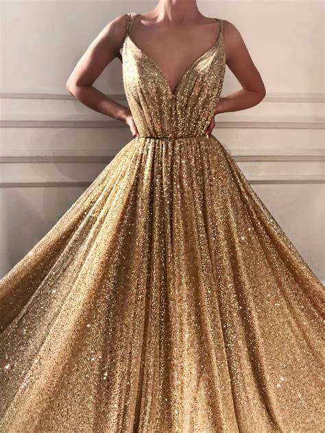 Sparkly Prom Dresses Spaghetti Straps A Line Gold Bling Long Sexy Prom
