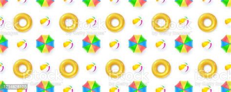 흰색 배경에 고립 된 태양 우산 비치 볼 과 풍선 해변 원 원활한 패턴 밝은 색상의 해변 장난감 상단 보기입니다 배경 주제에 대한 스톡 벡터 아트 및 기타 이미지 Istock