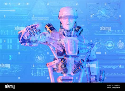modern ai humanoid robot cyborg android touch sensitive sci fi display with futuristic user