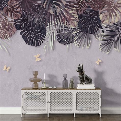 Естетика на цветя и палмови листа Лилав тапет за хол офис и спалня Фото Тапети