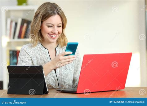 Blonde Woman Using Multiple Devices At Home Stock Image Image Of Communication Girl 107256355