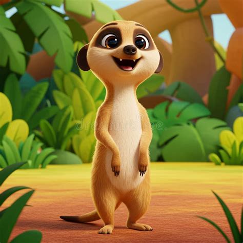 Cartoon Meerkat Standing On Hind Legs In A Vibrant Jungle Setting The