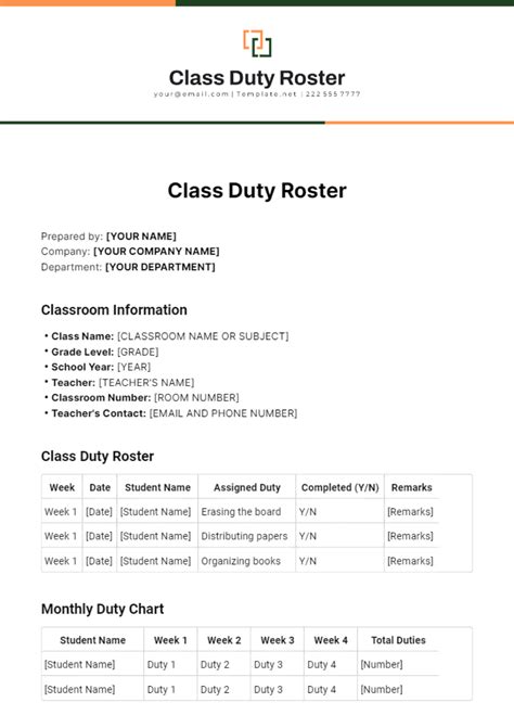 Free Class Duty Roster Template To Edit Online