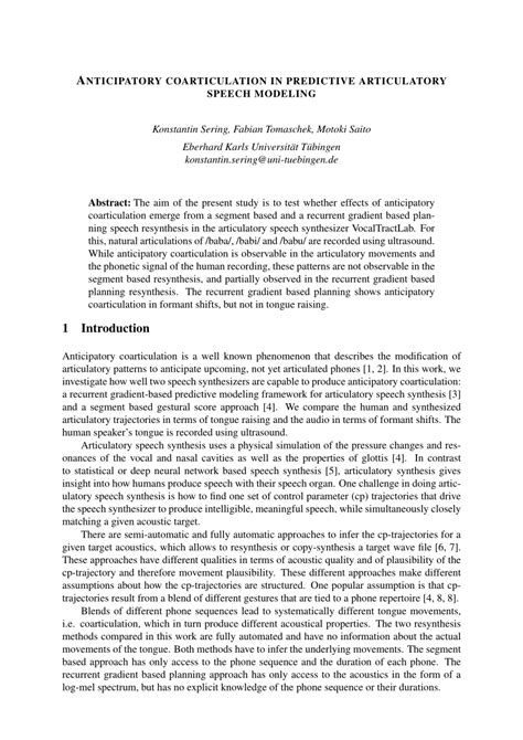 Pdf Anticipatory Coarticulation In Predictive Articulatory Speech Modeling