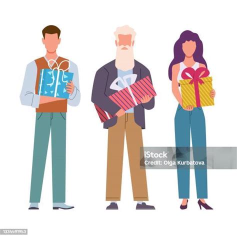 선물로 행복한 사람들 선물을 들고 있는 캐릭터 그룹 생일 파티 패키지 벡터 만화 고립 세트로 친구 남자 여자 할아버지를 축하합니다 남자에 대한 스톡 벡터 아트 및 기타