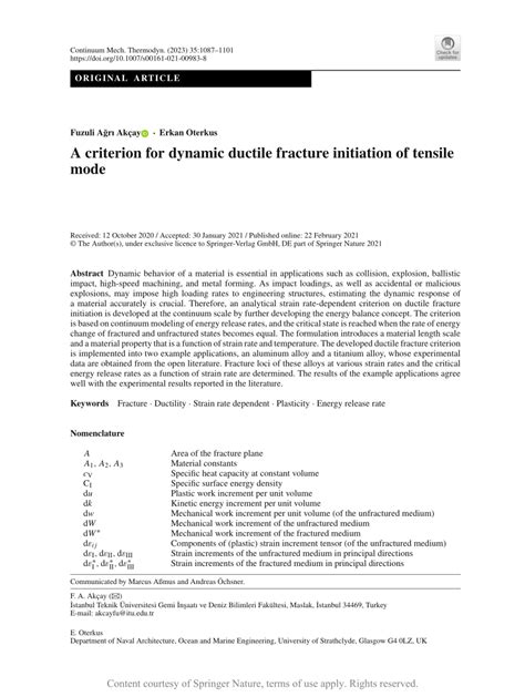 A Criterion For Dynamic Ductile Fracture Initiation Of Tensile Mode Request Pdf