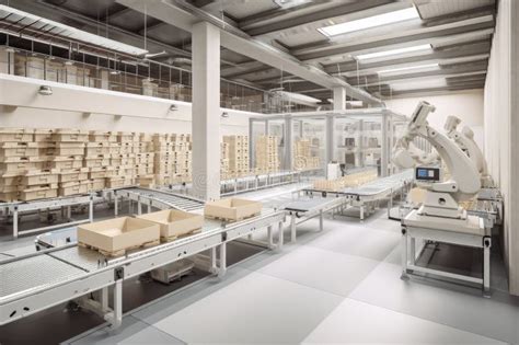 Packaging And Sorting Robots In Warehouse Or Factory Environment Performing Their Designated