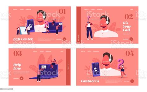 콜 센터 방문 페이지 템플릿 집합입니다 헤드셋의 고객 서비스 직원은 컴퓨터에서 작업합니다 운영자 클라이언트 통신 개념에 대한 스톡 벡터 아트 및 기타 이미지 Istock