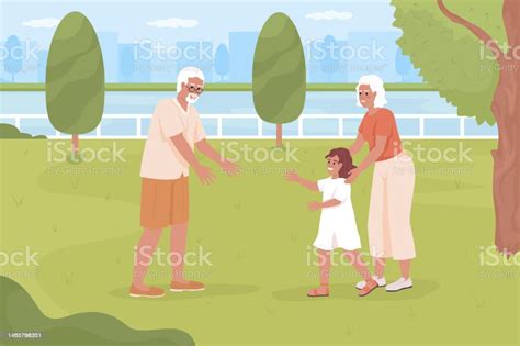 공원에서 손주들과 시간을 보내며 평면 컬러 벡터 일러스트레이션 2차 도형에 대한 스톡 벡터 아트 및 기타 이미지 2차 도형 가족 남자 Istock