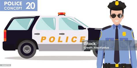 경찰 개념입니다 경찰관 및 백색 배경에 플랫 스타일에 자동차의 상세한 그림 벡터 일러스트입니다 개념에 대한 스톡 벡터 아트 및 기타 이미지 Istock