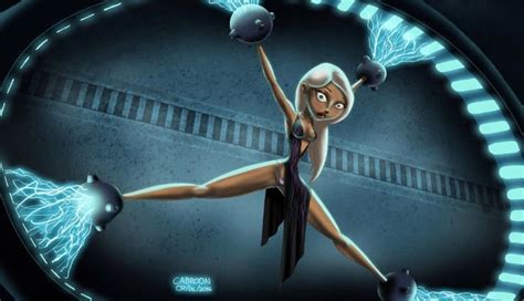 A Cartoon Character Is Dancing In Front Of A Clock With Blue Lightening Around Her