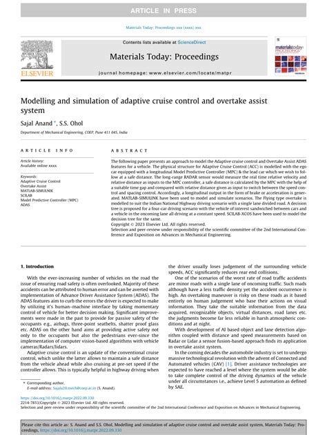 Pdf Modelling And Simulation Of Adaptive Cruise Control And Overtake Assist System
