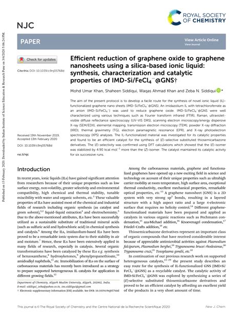 Pdf Efficient Reduction Of Graphene Oxide To Graphene Nanosheets By Silica Based Ionic Liquid