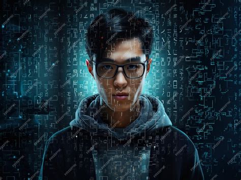 Premium Ai Image Asian Coder Portrait In Language Model Text Landscape