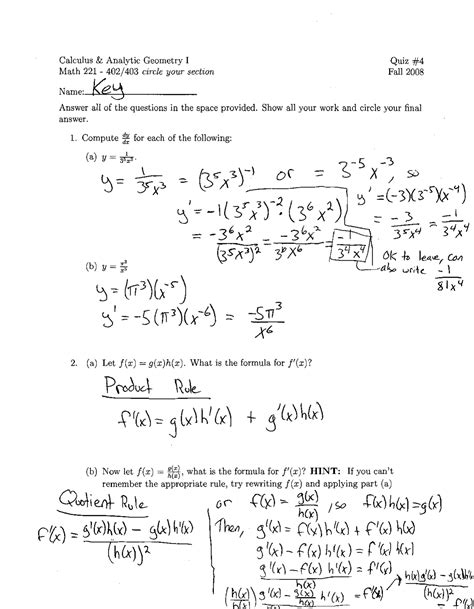 Quiz 4 With Answer Key Calculus And Analytic Geometry Math 221 Docsity