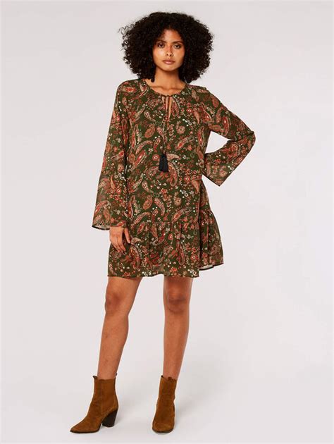 Paisley Print Tassel Mini Dress Apricot Clothing