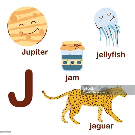 유치원 영어 알파벳 J 편지 재규어 목성 해파리 잼 젤리 화려한 스타일의 알파벳 디자인 어린이를 위한 교육 포스터입니다 놀고