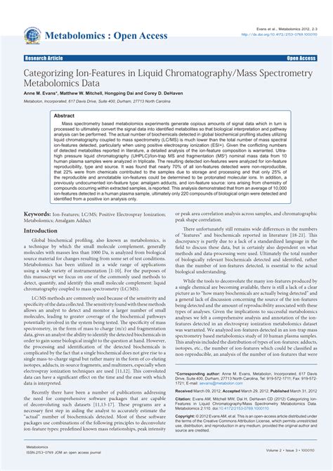 pdf categorizing ion features in liquid chromatography mass spectrometry metobolomics data