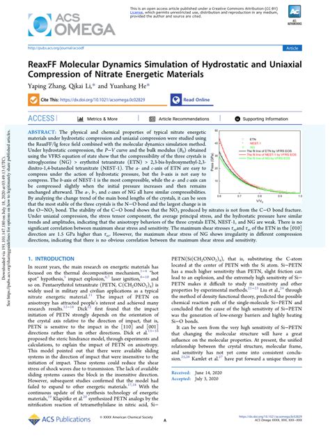 Pdf Reaxff Molecular Dynamics Simulation Of Hydrostatic And Uniaxial Compression Of Nitrate