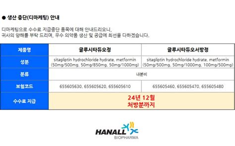 한올바이오 생산 중단 품목 안내 241216 Pahrma Partners