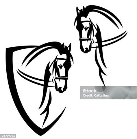 말 머리 하네스 내부 간단한 흑백 전령 방패 벡터 디자인 세트 로고에 대한 스톡 벡터 아트 및 기타 이미지 로고 마장마술