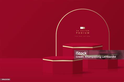 빨간 3d 육각형 연단 받침대의 고급 세트 현실적 또는 아치 모양 배경이 있는 제품 디스플레이 프레젠테이션을 위한 무대 모형을 위한 최소한의 장면 무대 쇼케이스 3d 벡터